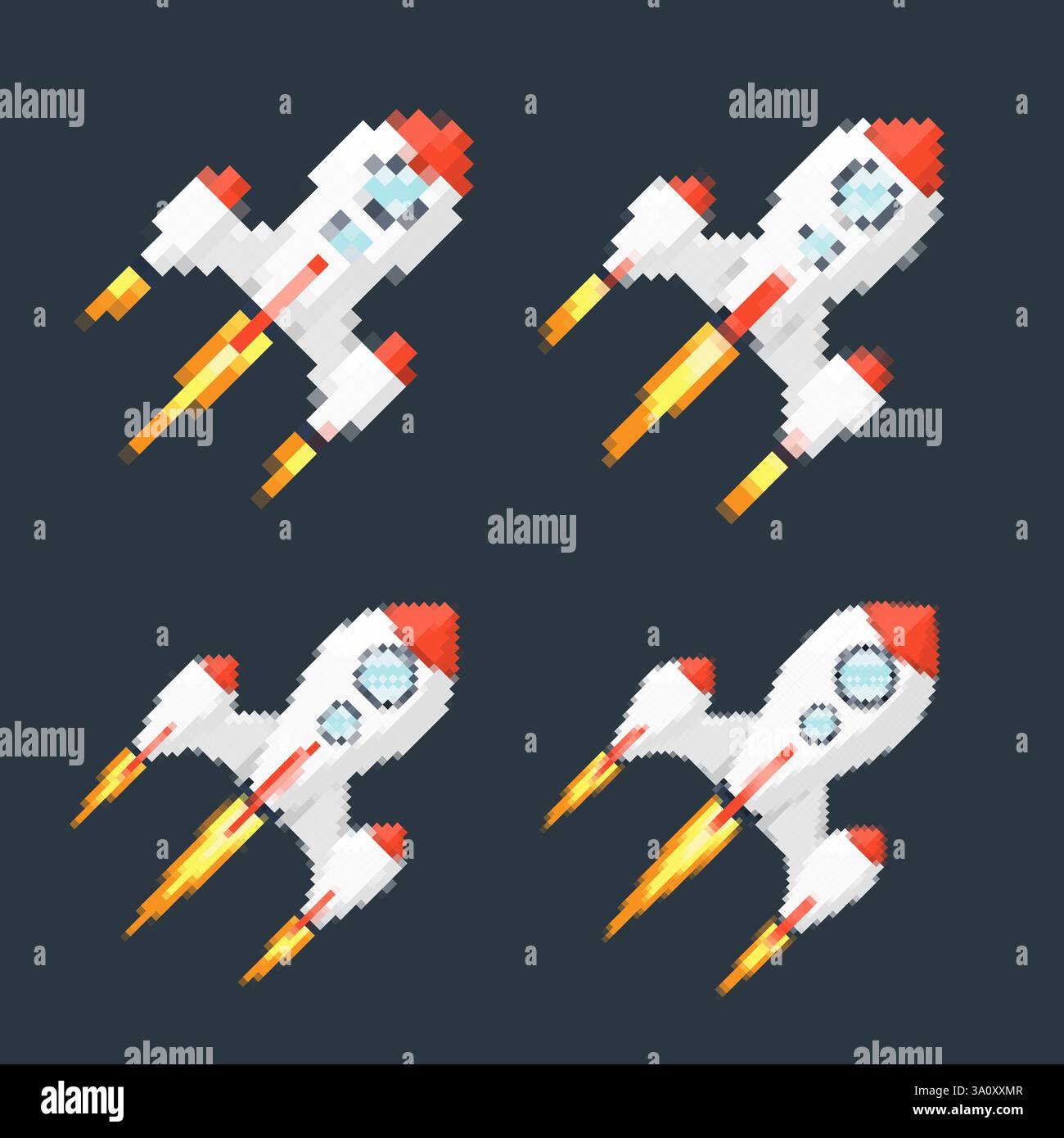 Pixel art rocket with fiery trails, retro games, space-themed designs, apps, or animations. 8 ...