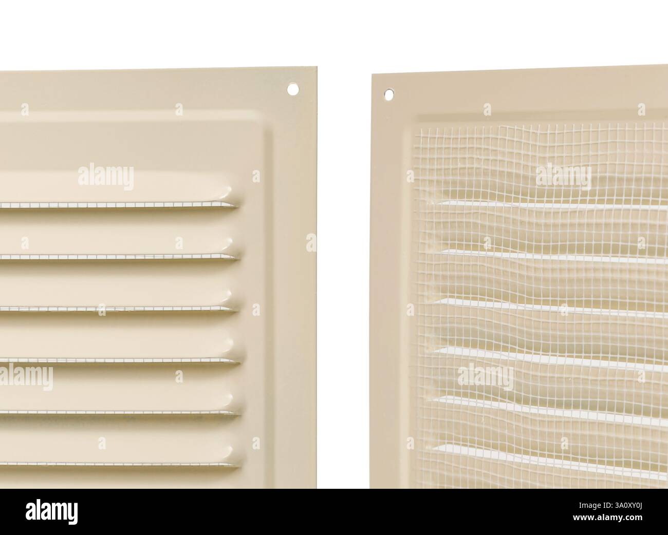 Ventilation grate isolated on a white background. Material aluminum. Color beige. Close-up ...