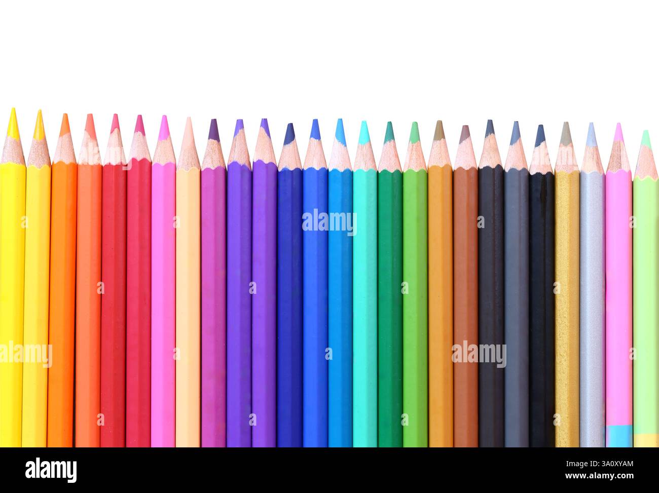 Vibrant collection of colored pencils aligned isolated on white ...