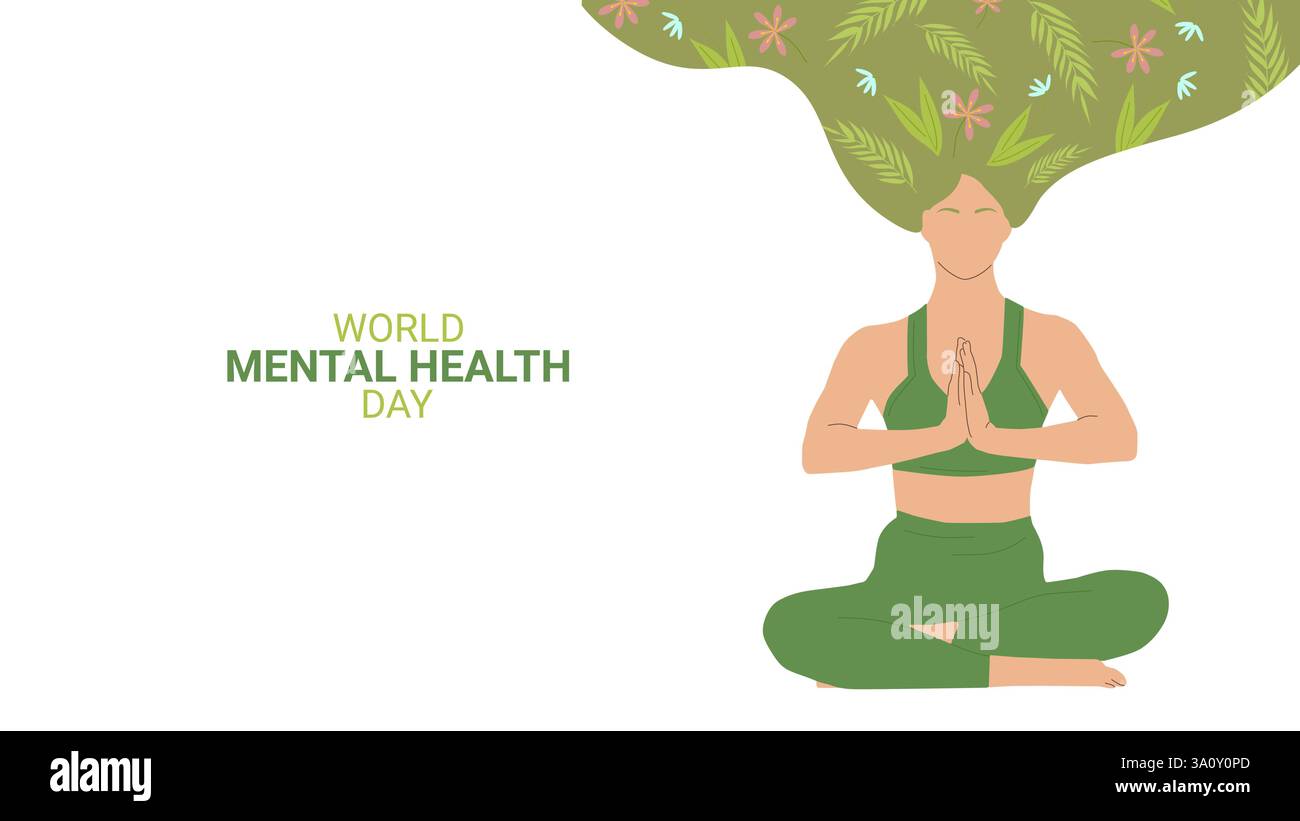 Mental health awareness month design layout banner. Girl meditates ...