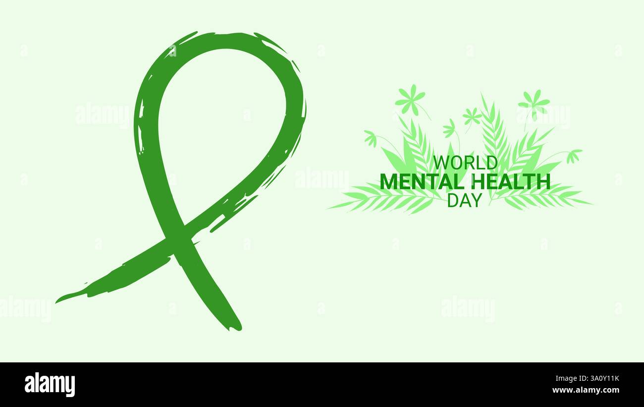 Mental health awareness month design layout banner. Green ribbon brush ...