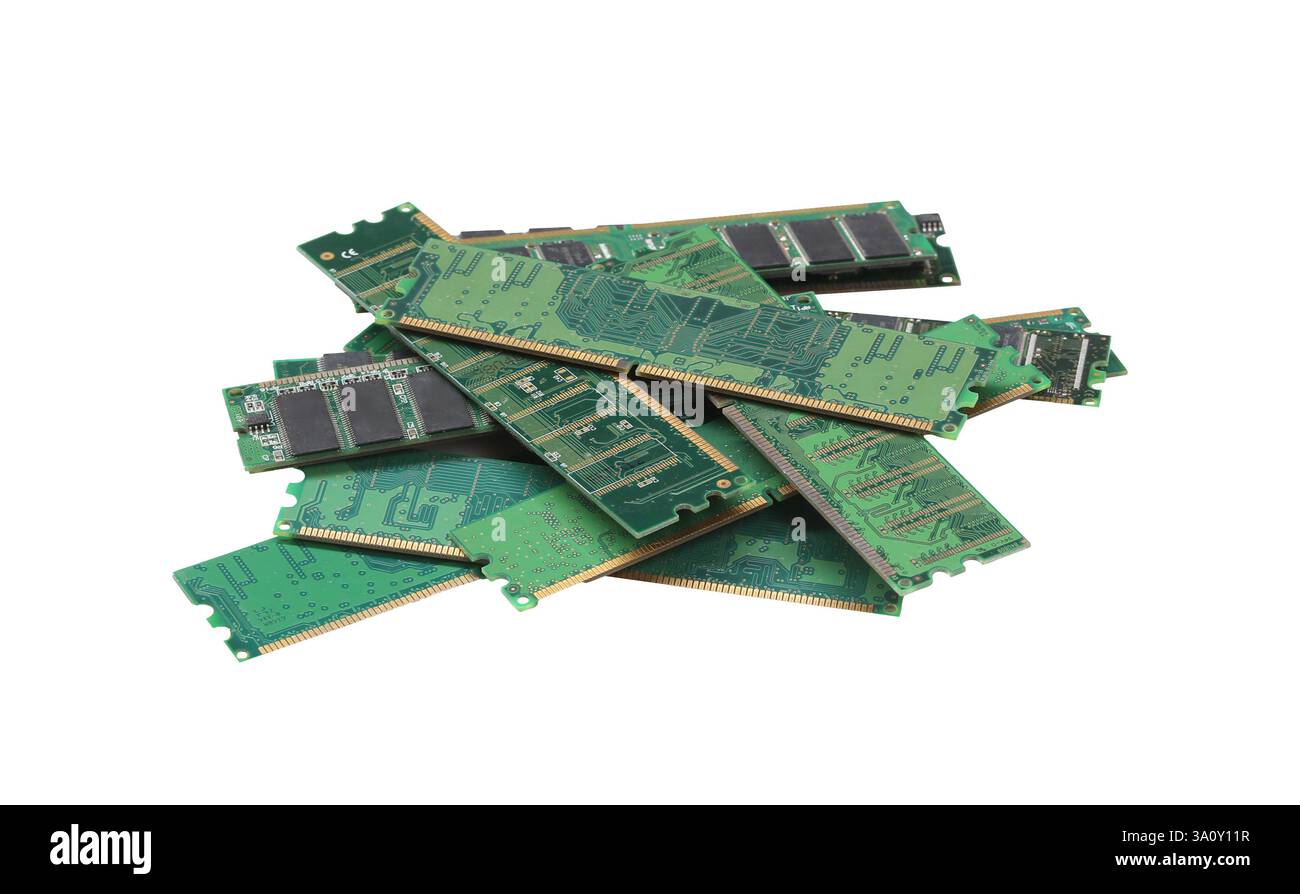 Green Circuit Boards with Memory Chips on Display isolated on white background and have clipping ...