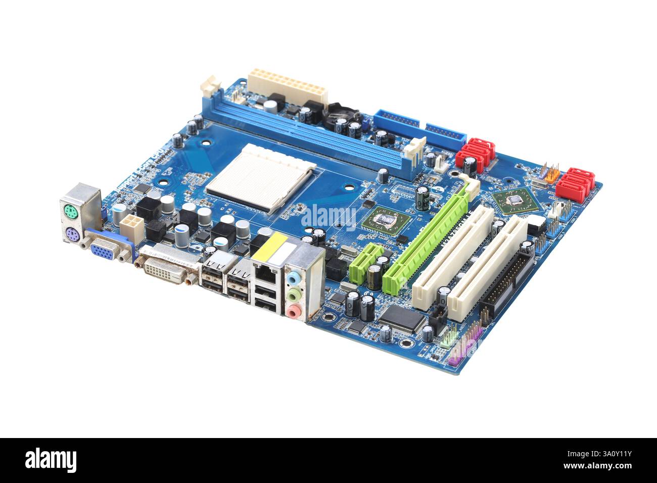 Blue Computer Motherboard with Ports and Connectors isolated on white ...