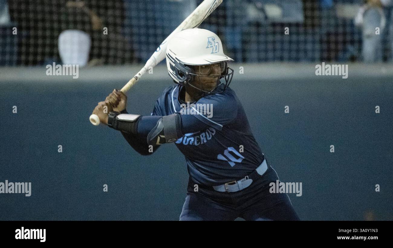 San Diego's Shawnese Hogue-Lacy (10) bats during an NCAA softball game ...