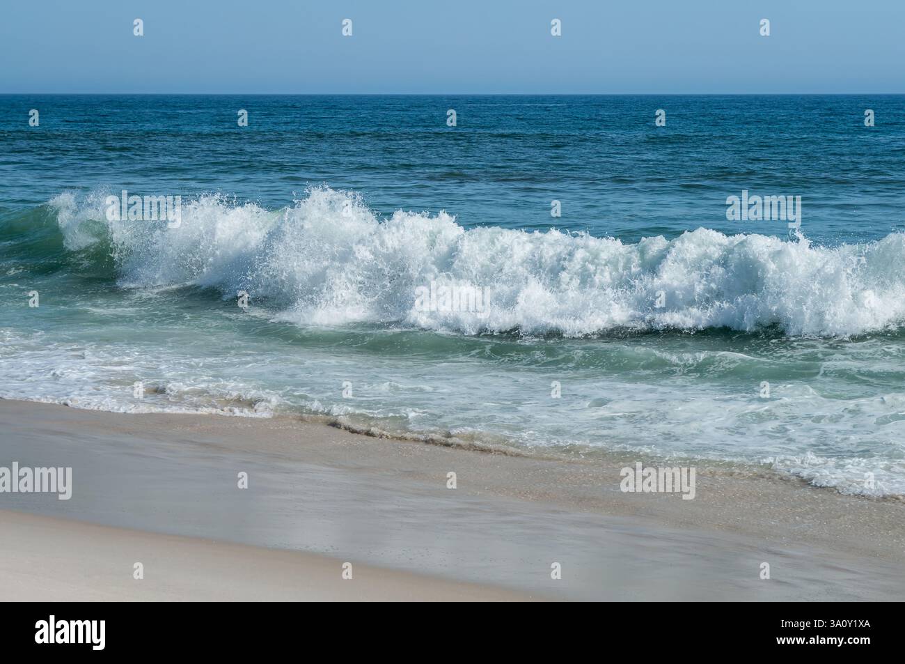 Medium sized waves of Atlantic Ocean blue waters breaking on Praia Seca ...