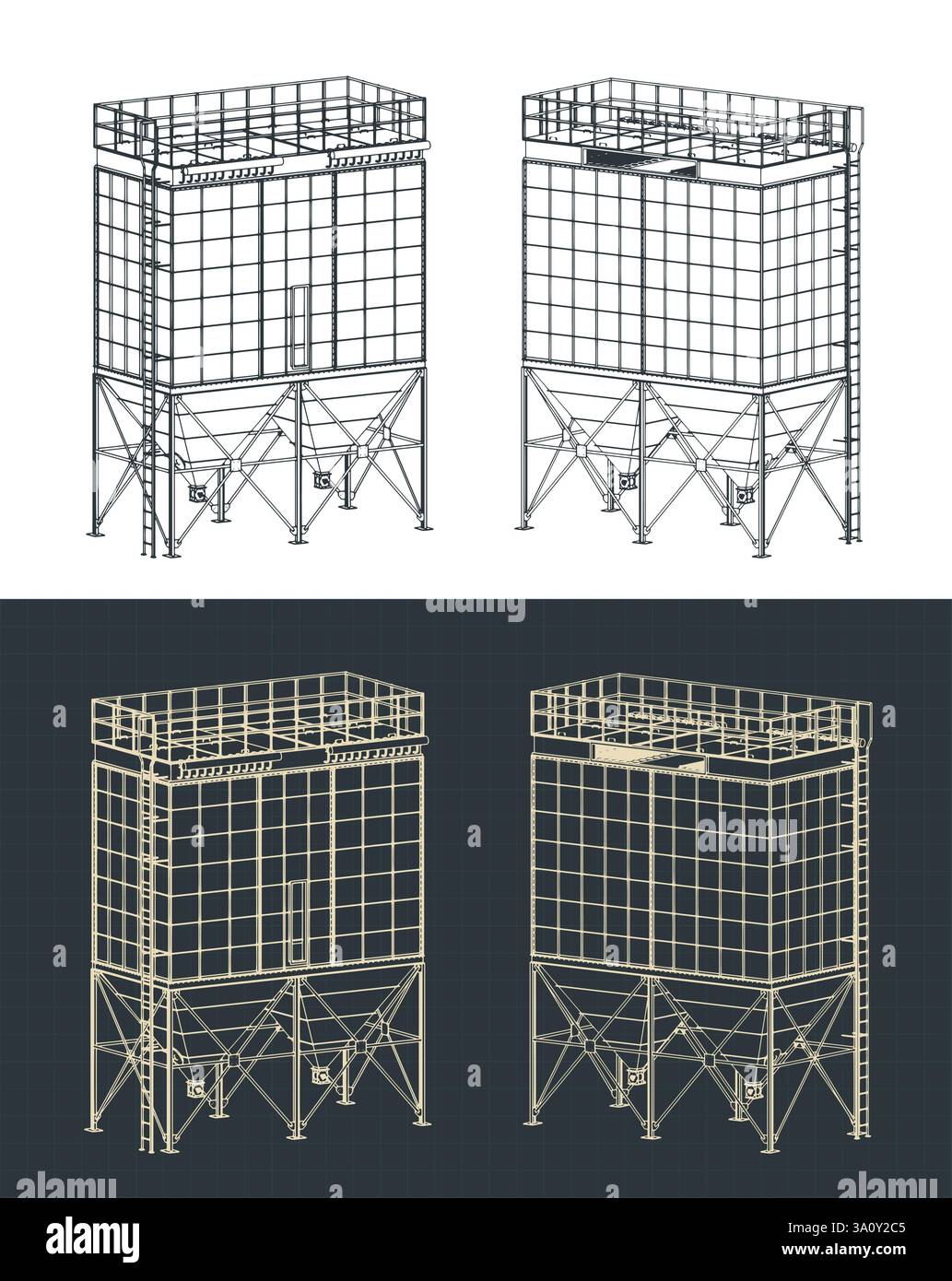 Stylized vector illustrations of industrial dust collector blueprints ...
