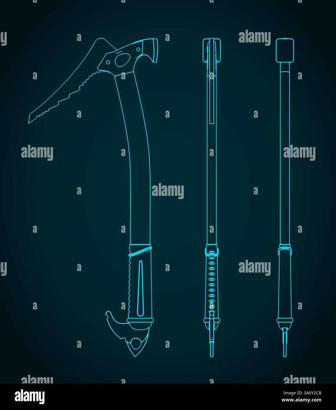 Stylized vector illustration of ice axe blueprints. Mountain climbing ...