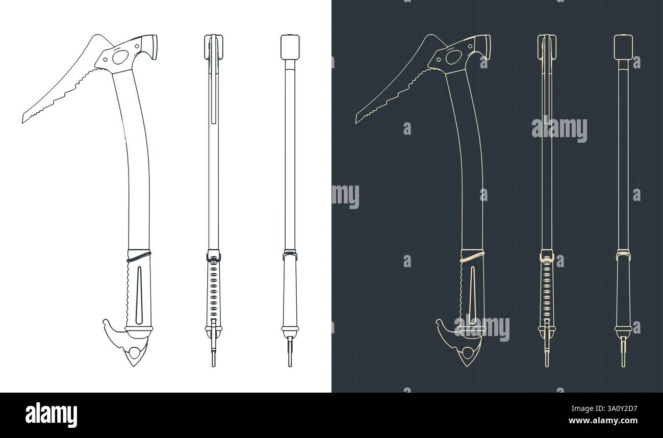 Stylized vector illustrations of ice axe blueprints. Mountain climbing ...