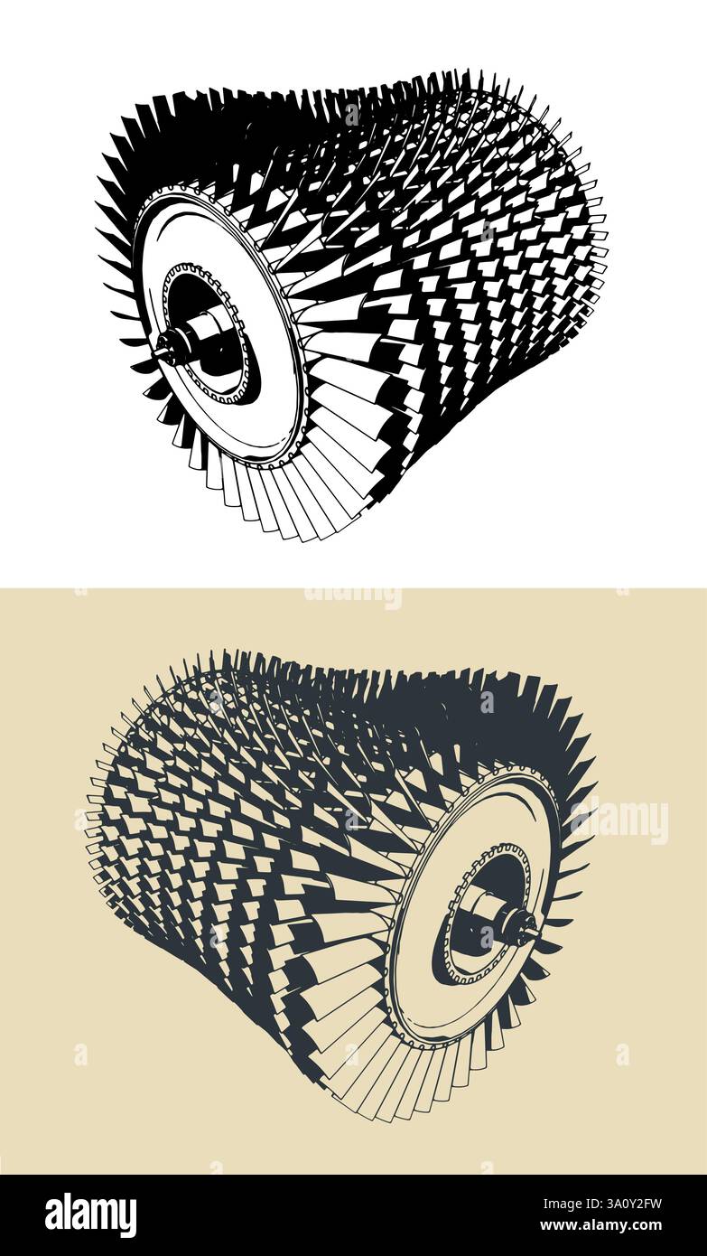 Stylized vector illustrations of a jet engine turbine rotor and blades ...