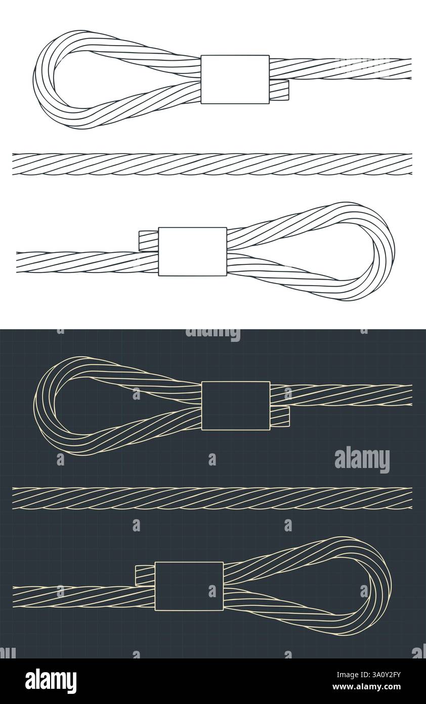 Stylized vector illustrations of drawings of steel cable with a loop ...