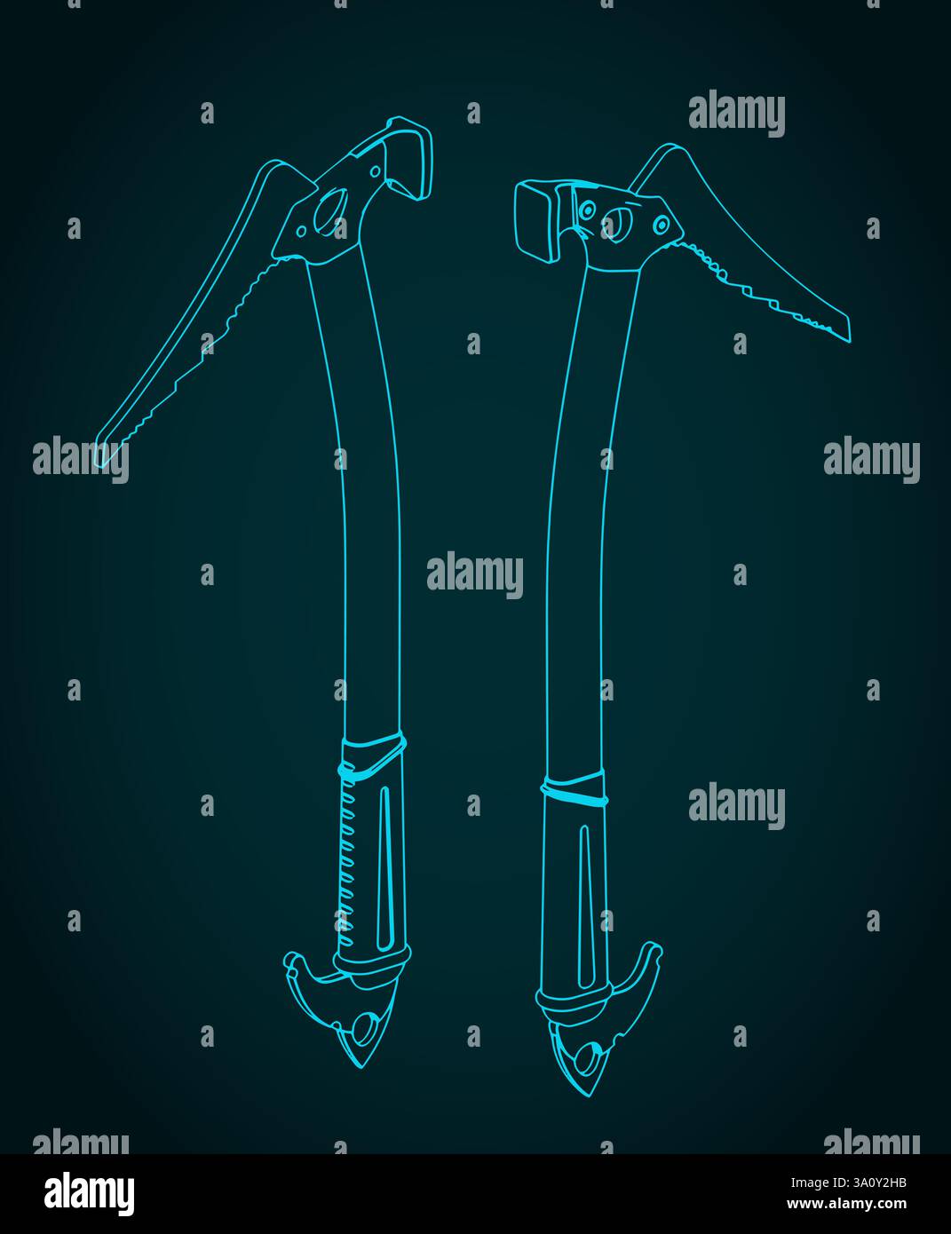 Stylized vector illustration of ice axe isometric blueprints. Mountain ...