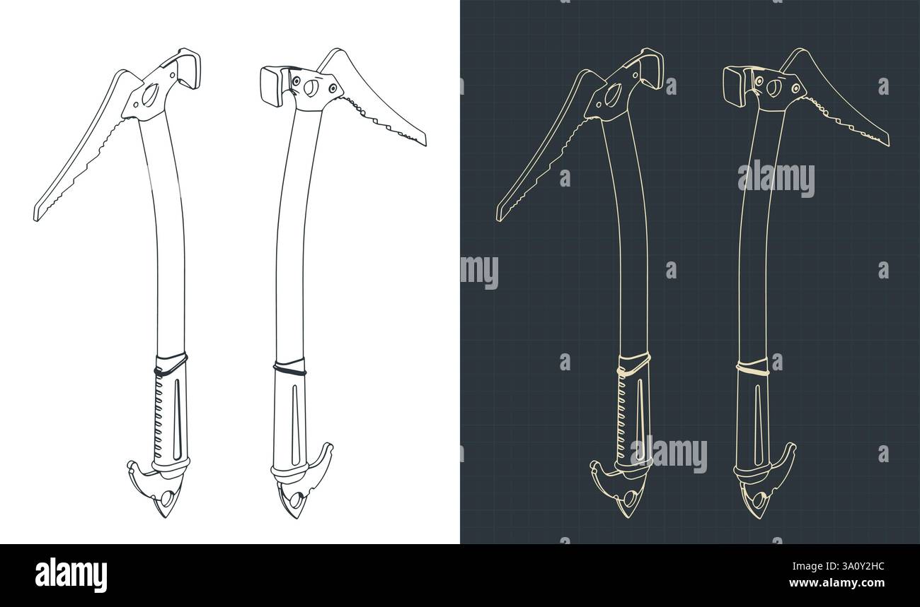 Stylized vector illustrations of ice axe isometric blueprints. Mountain ...