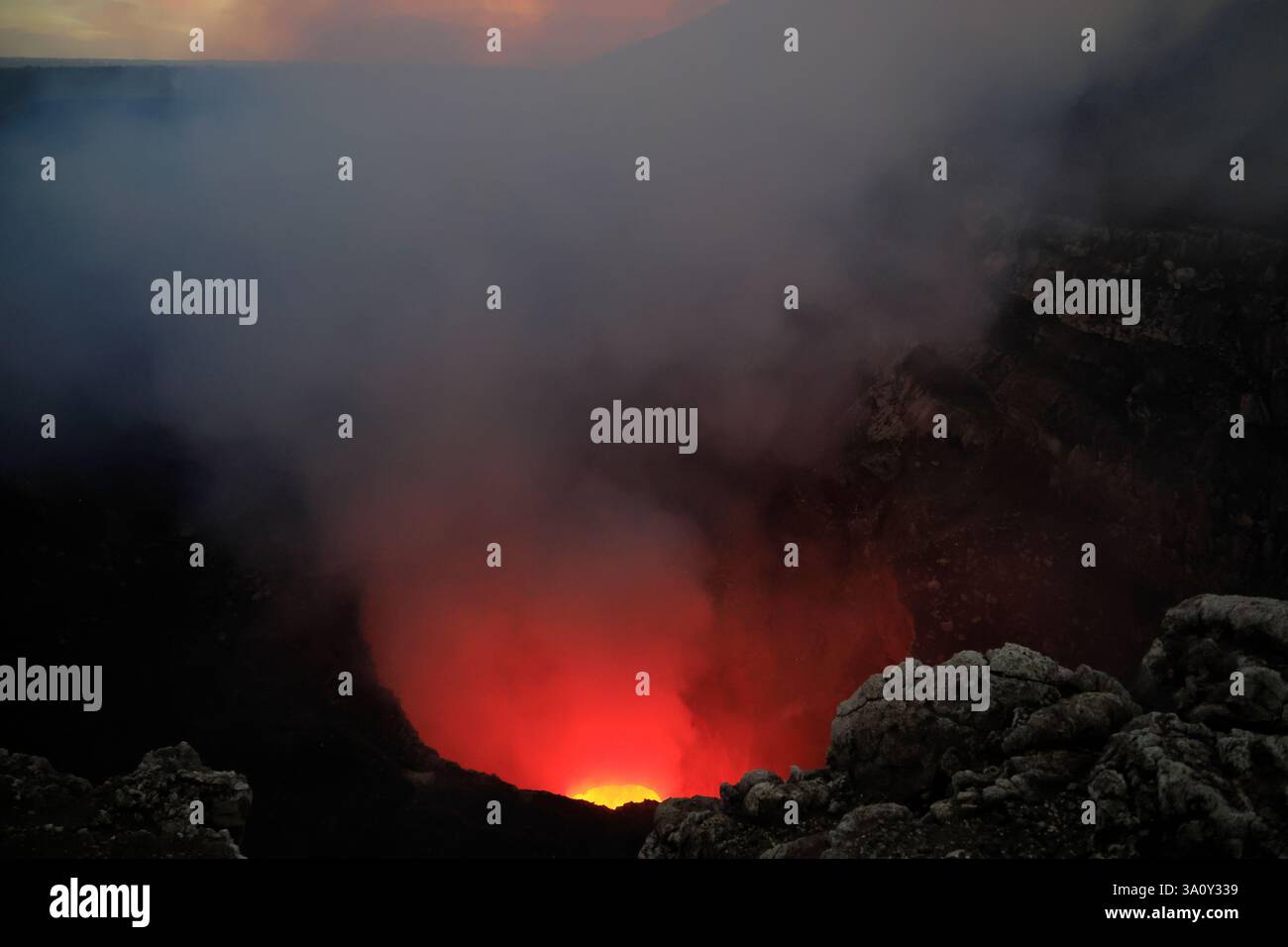 The night view of the burning magma inside of the crater of Masaya ...