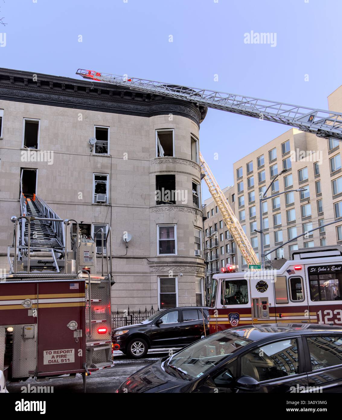 FDNY fire trucks responding to an apartment fire on Bedford Avenue in ...