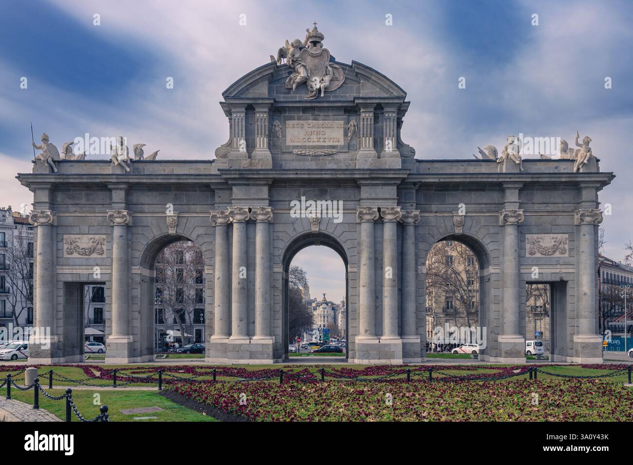 Madrid, Spain. February 15, 2025. Alcala Gate (Puerta de Alcala), a ...