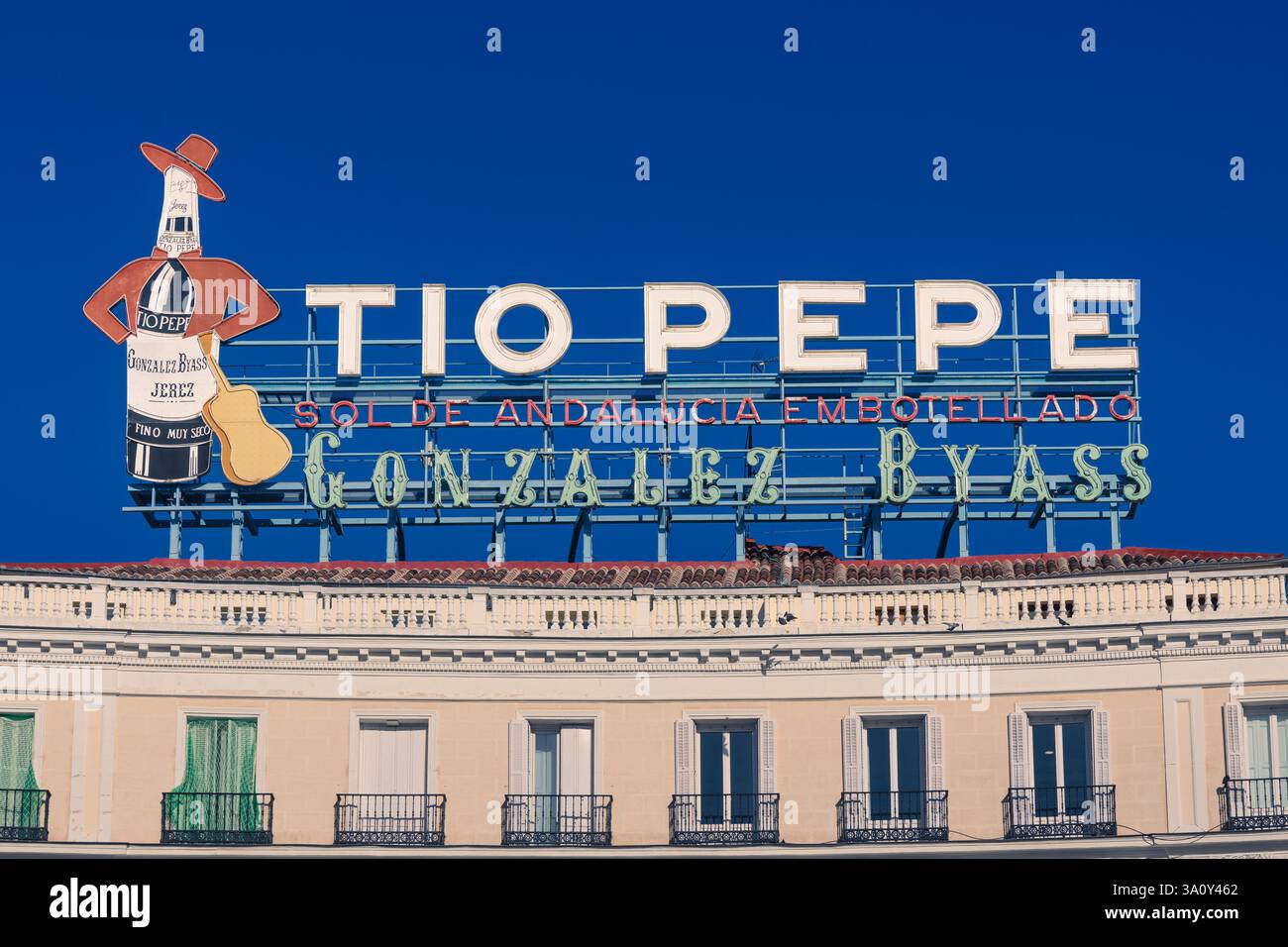 Madrid, Spain. February 03, 2025. Tio Pepe neon advertisment at Puerta ...