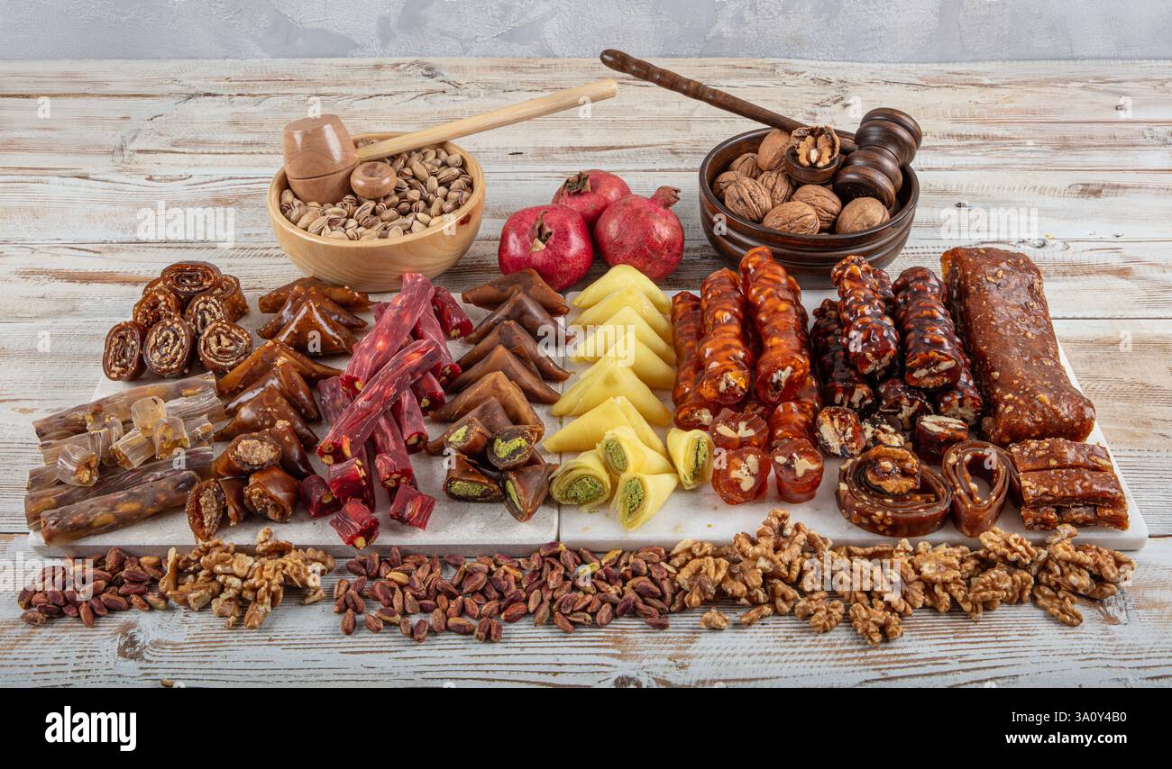 Turkish cuisine various snacks. Turkish delight, walnut sausage ...