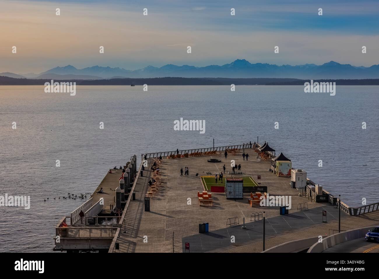 Pier 62 at Waterfront Park in Seattle, with Olympic Mountains distant ...