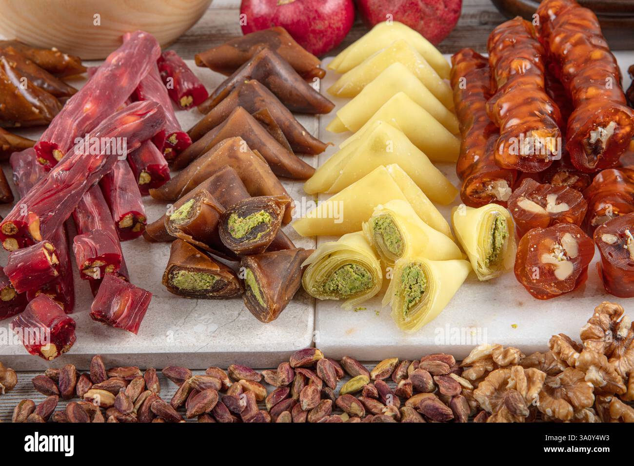Turkish cuisine various snacks. Turkish delight, walnut sausage ...