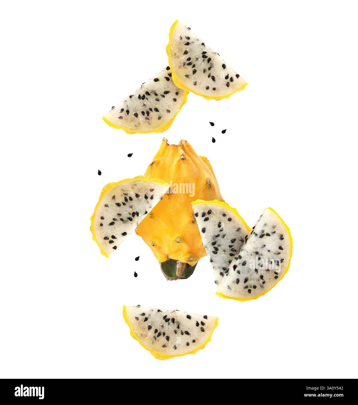 Tasty yellow pitahaya fruits falling on white background Stock Photo ...