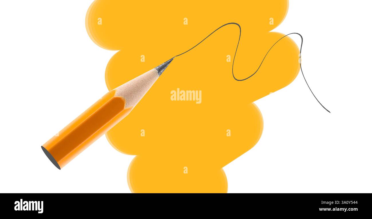 Creative poster. Small pencil with drawn wavy line and orange stroke on ...