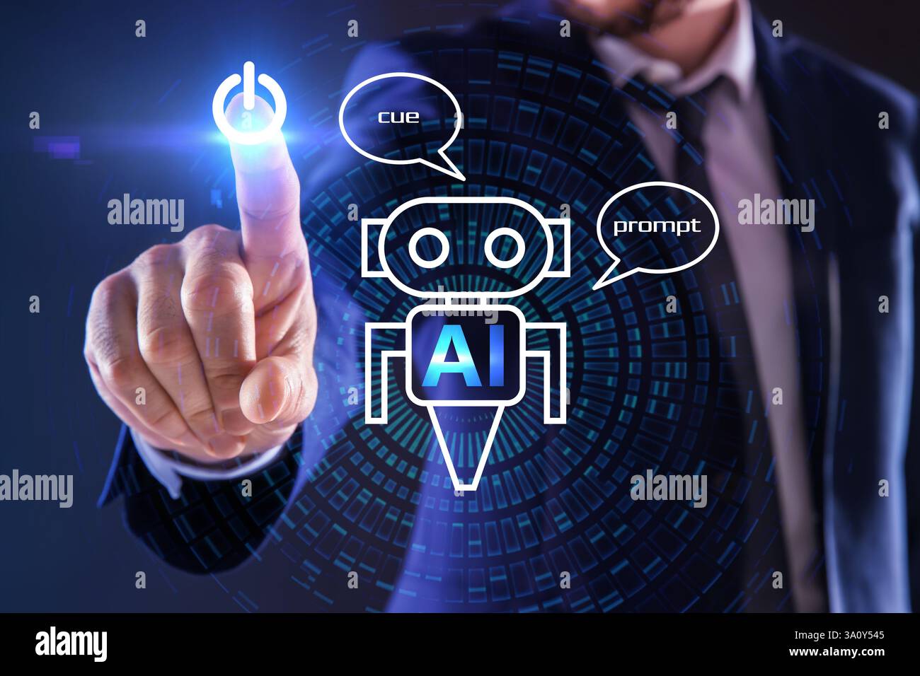 Artificial intelligence. Businessman using virtual screen with robot ...