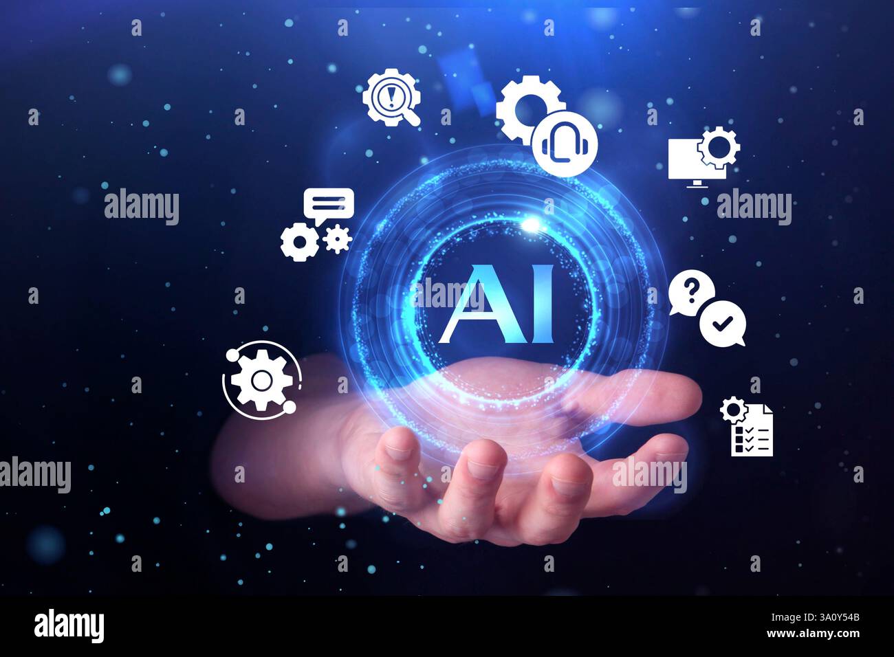 Artificial intelligence. Man using virtual screen against dark blue ...