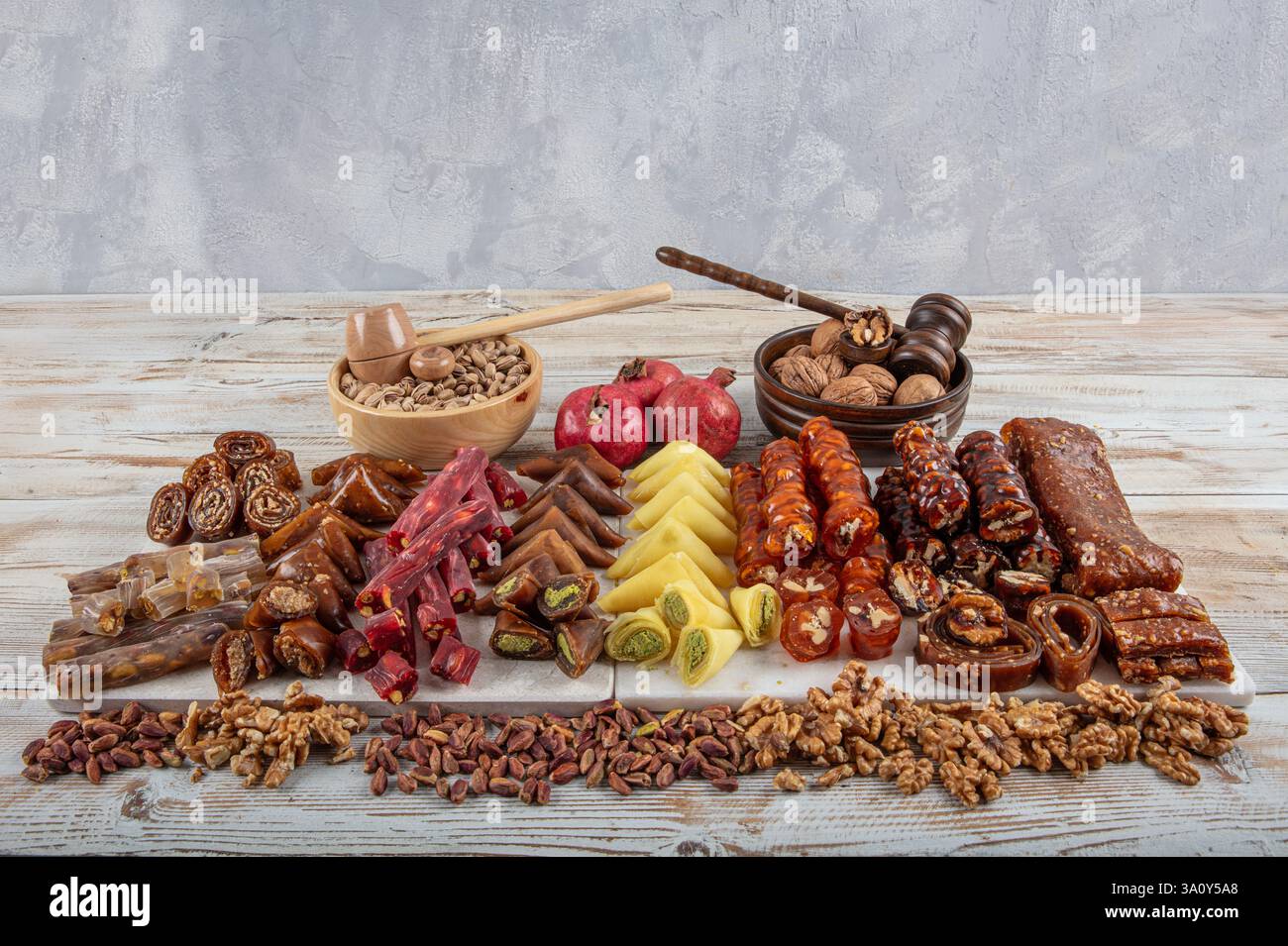 Turkish cuisine various snacks. Turkish delight, walnut sausage ...