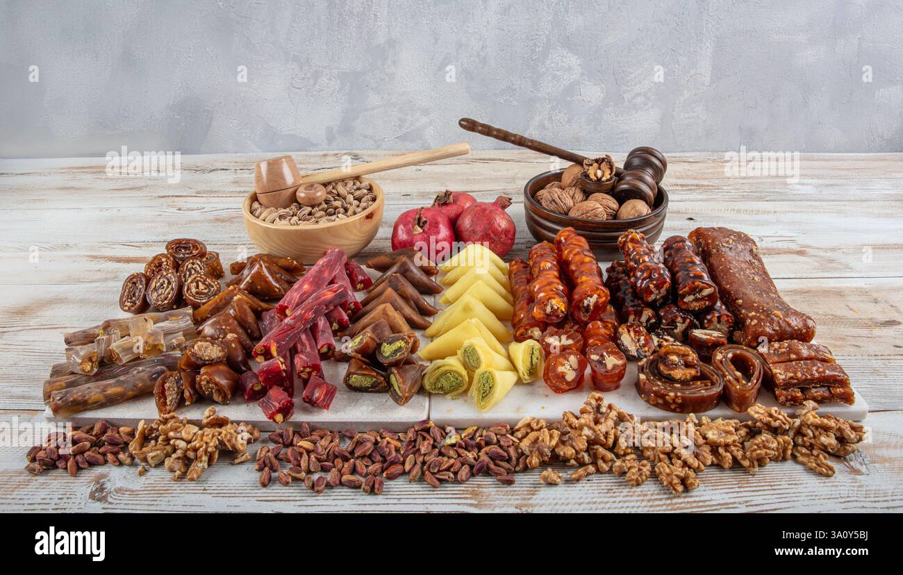 Turkish cuisine various snacks. Turkish delight, walnut sausage ...