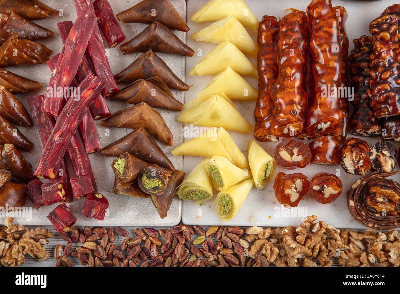 Turkish cuisine various snacks. Turkish delight, walnut sausage ...