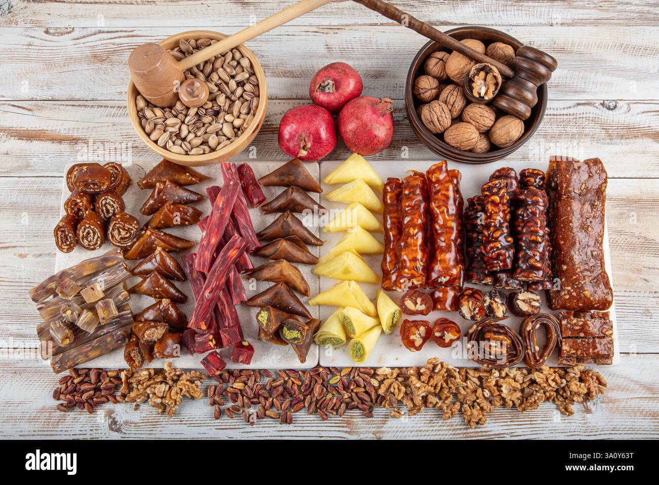 Turkish cuisine various snacks. Turkish delight, walnut sausage ...