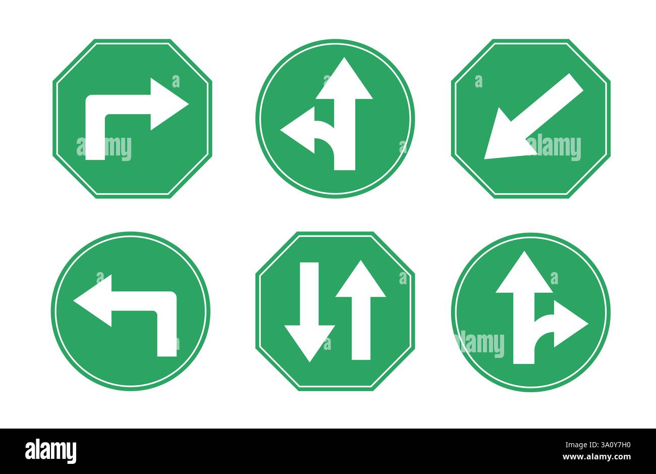 Road arrow sign icon clipart set. Traffic warning signages in green board like turn left and ...