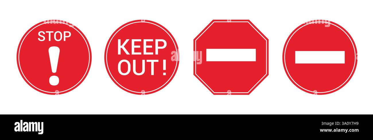 Stop warning sign icon clipart set. Red keep out symbol for risk ...