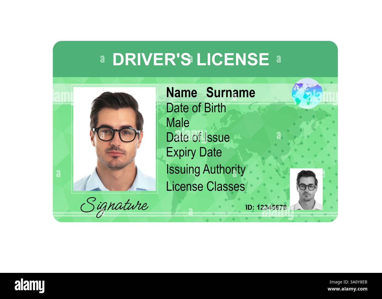 Driver's license with photo of man and world map illustration isolated ...