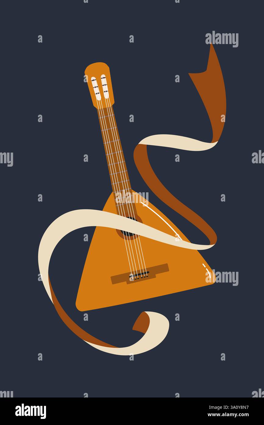 Colorful balalaika with ribbons and musical notes on a dark background ...