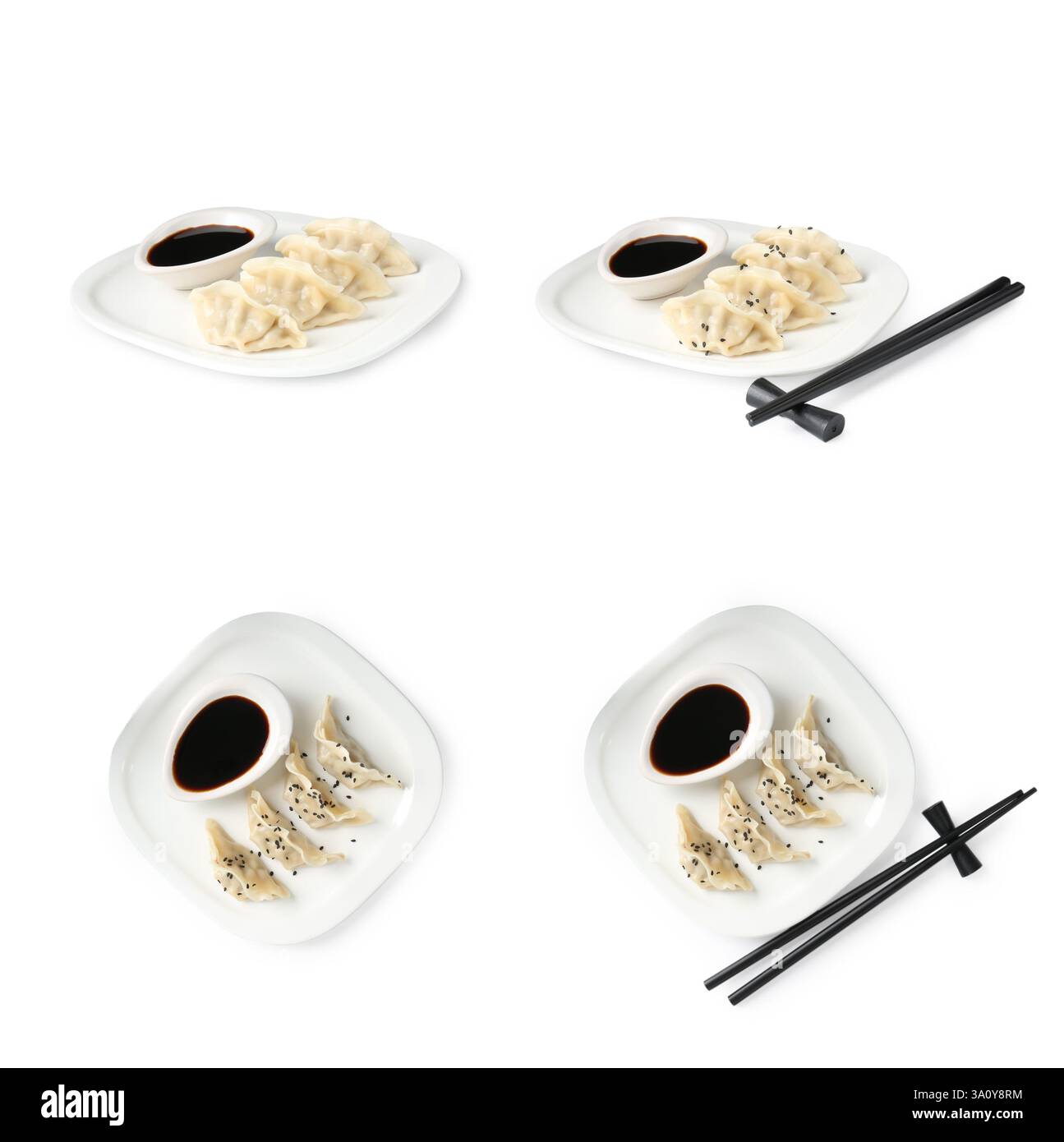 Tasty boiled gyoza (dumplings) with soy sauce on white background ...