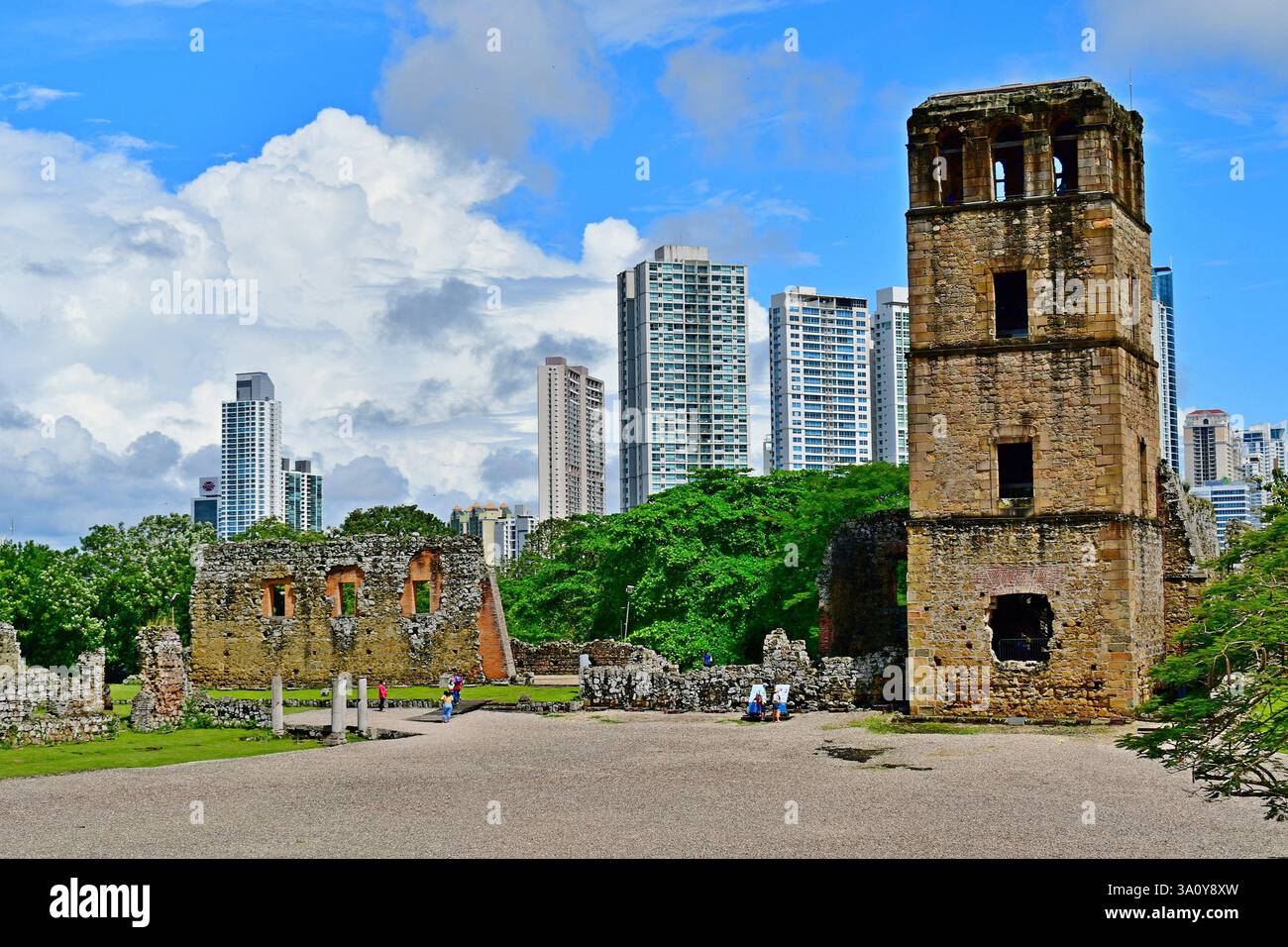 View of the ruins of the Panama Viejo Cathedral with modern high-rise ...