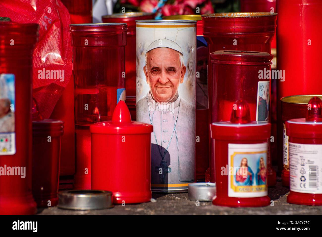 Rome, Italy. 05th Mar, 2025. Tributes of flowers, images, candles and ...