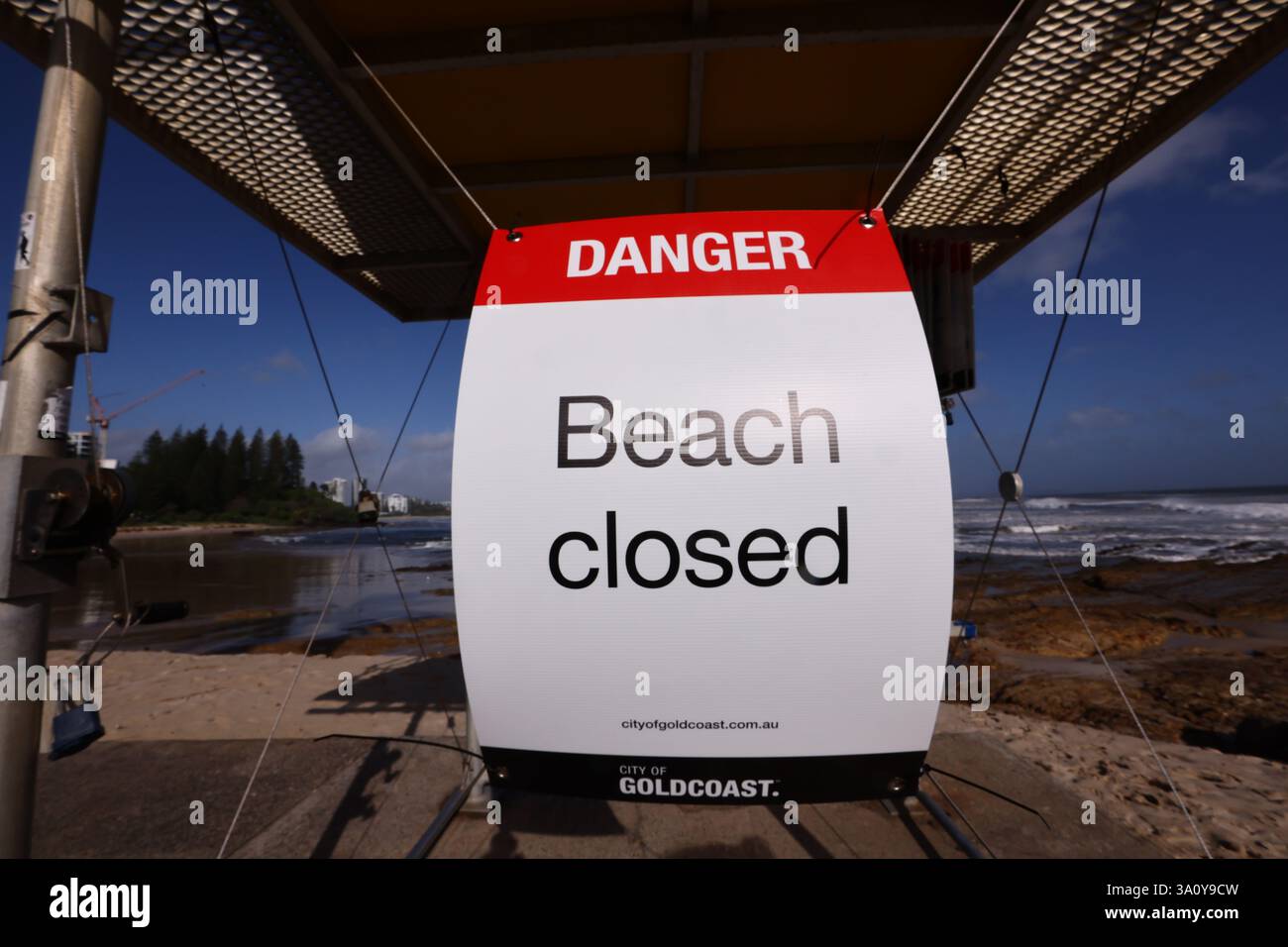 Beach closed signs after Big Seas from Tropical cyclone Alfred at ...