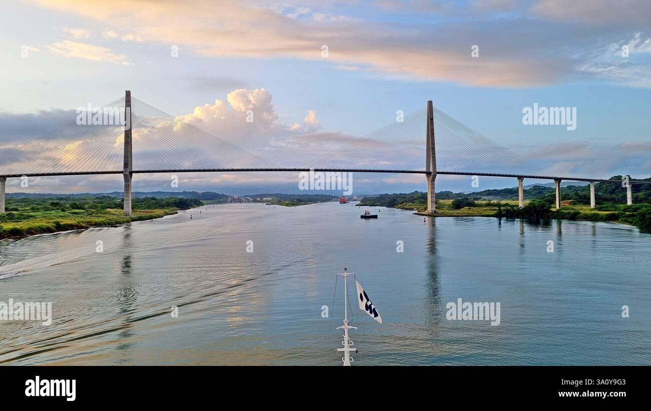 Morning view of the cable-stayed Atlantic Bridge over the Panama Canal ...
