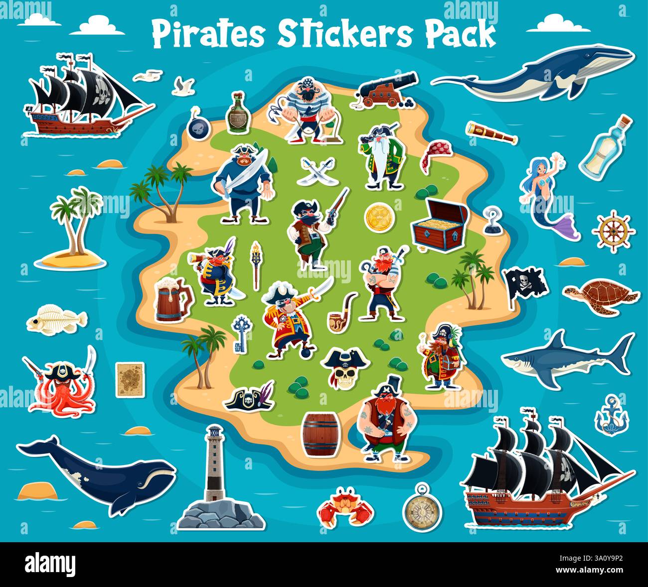 Cartoon pirates and piracy stickers pack with ships, treasure and ocean ...
