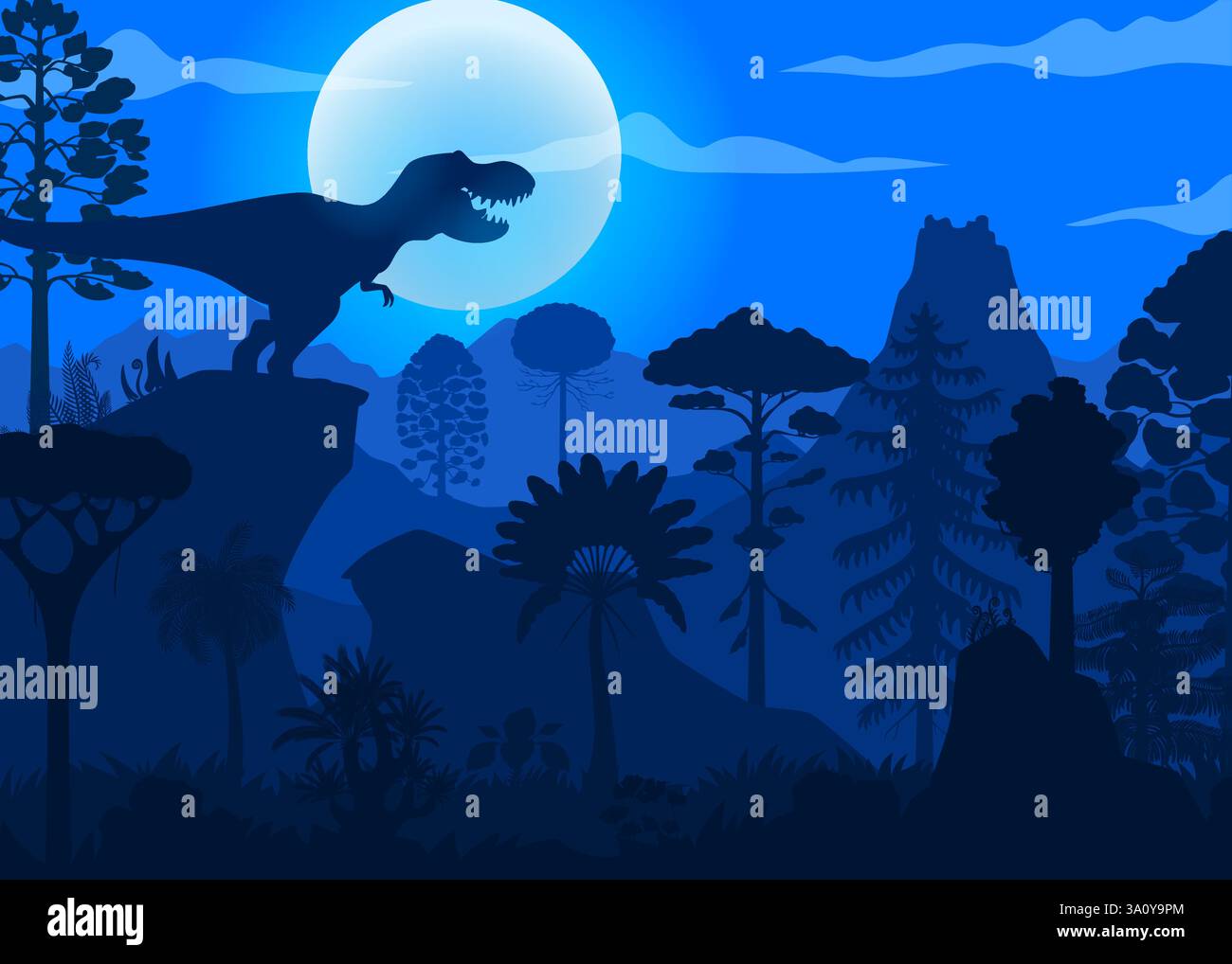 Tyrannosaurus T Rex dinosaur in prehistoric tropical jungle forest, vector cartoon background. T ...