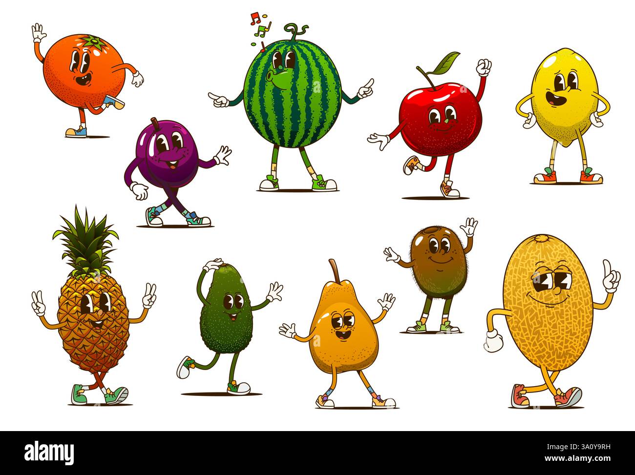 Cartoon retro groovy fruit characters with expressive faces, dancing ...