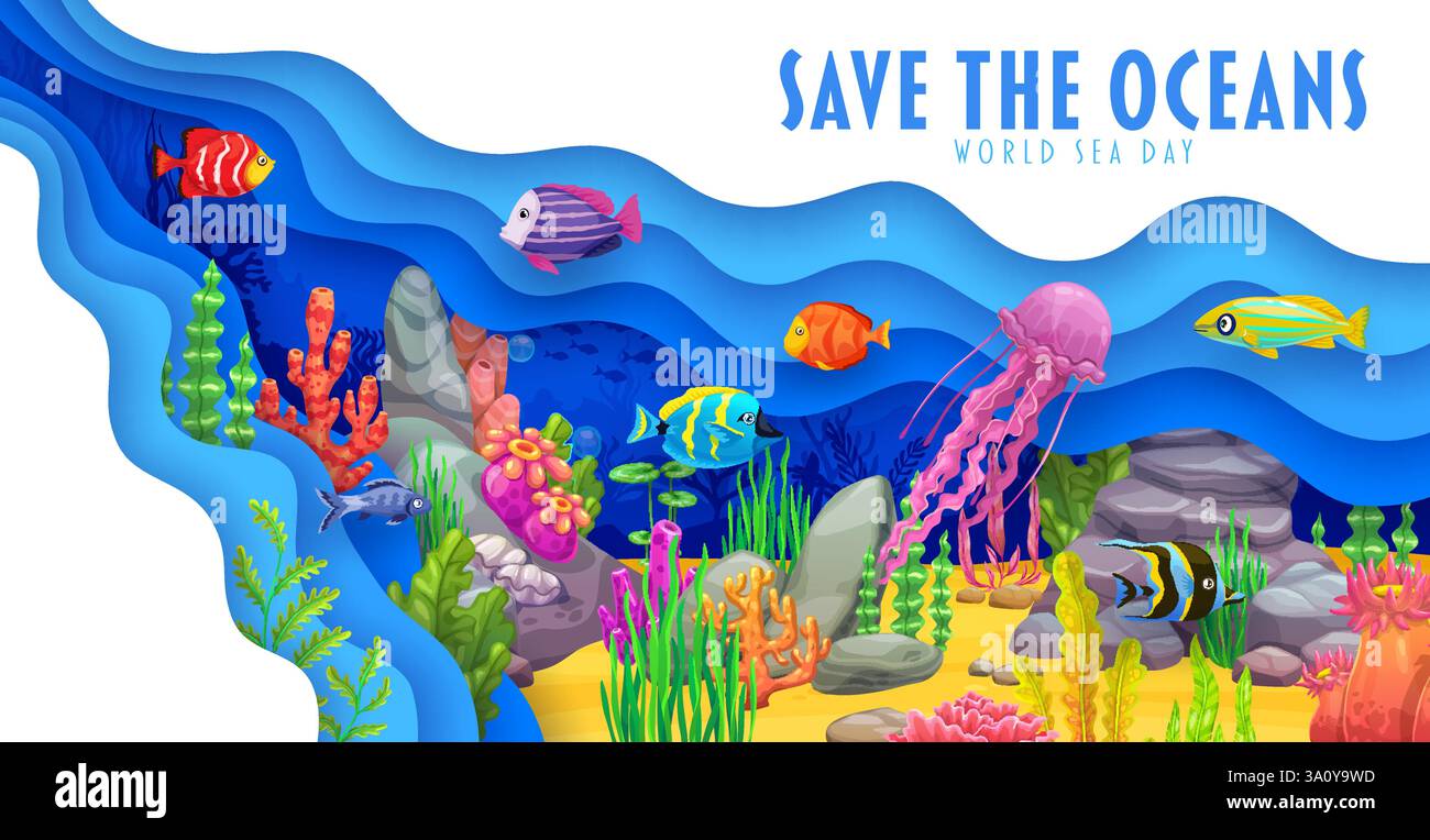Paper cut underwater sea landscape banner with tropical fishes and ...