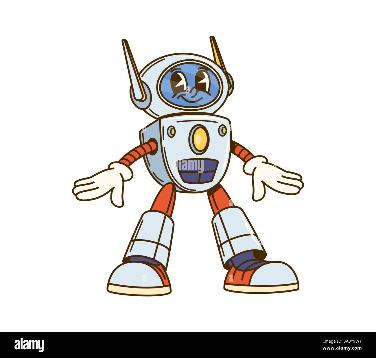 Cartoon groovy robot with antennas character. Futuristic cyborg ...