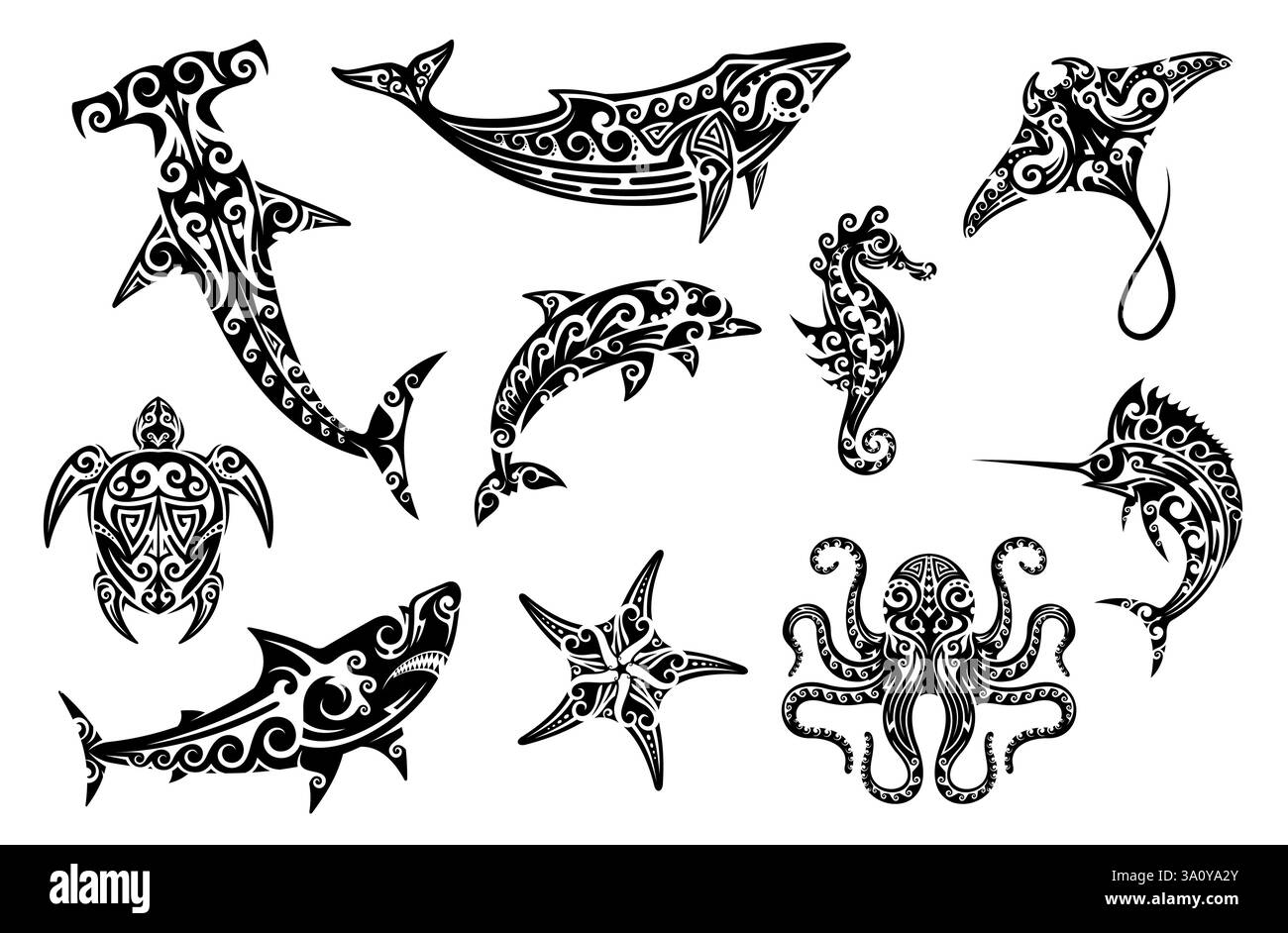 Maori tribal animal tattoo set featuring sea creatures black ...