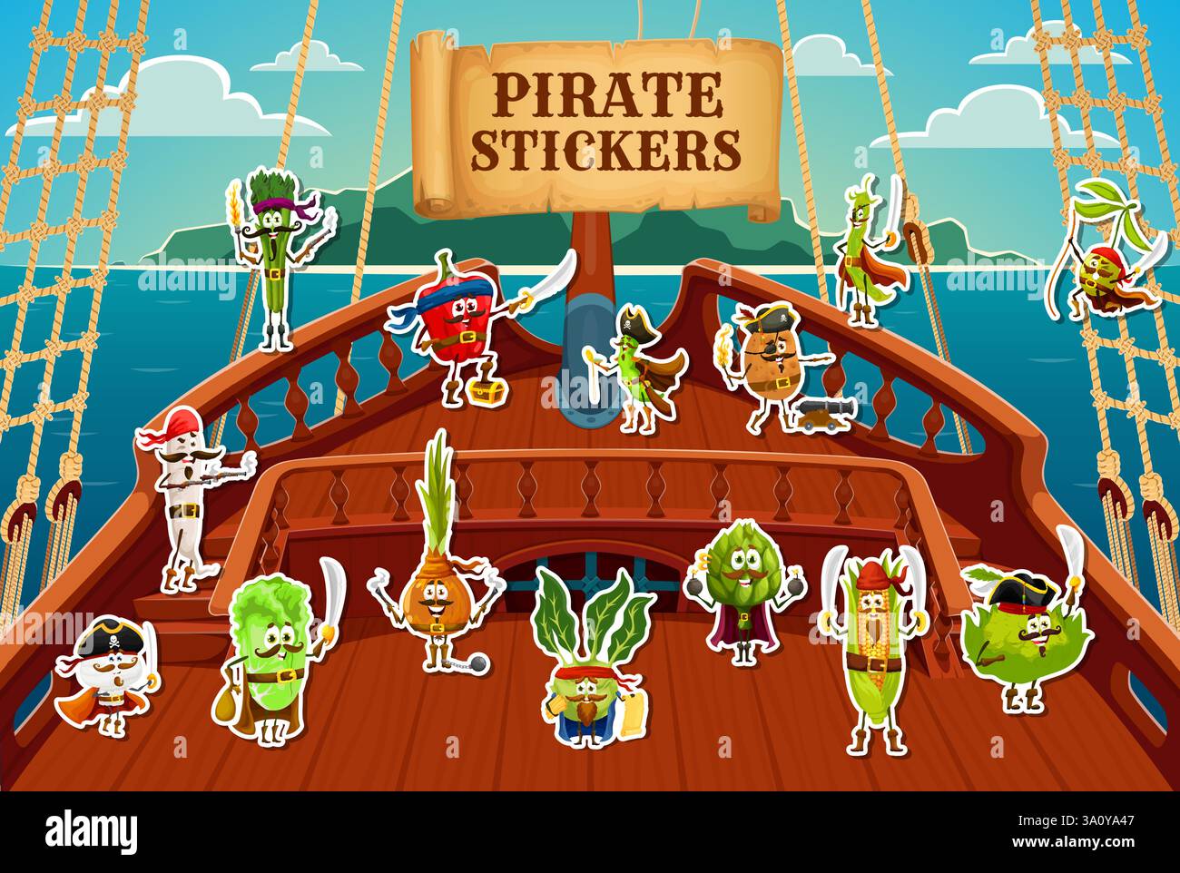 Cartoon pirate and corsair vegetable characters stickers pack. Vector ...