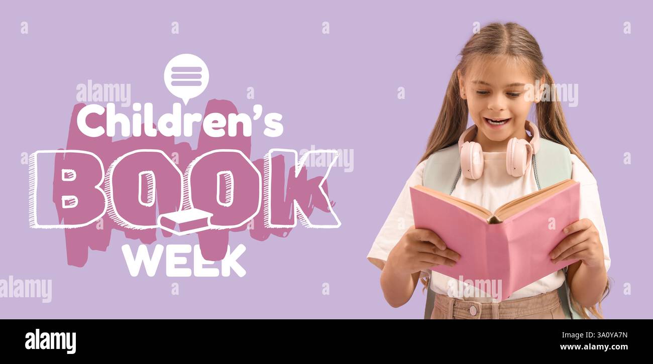 Cute schoolgirl reading book on lilac background. Children's Book Week ...