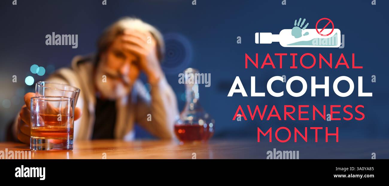 Senior man with glass of whiskey at home. Banner for National Alcohol ...
