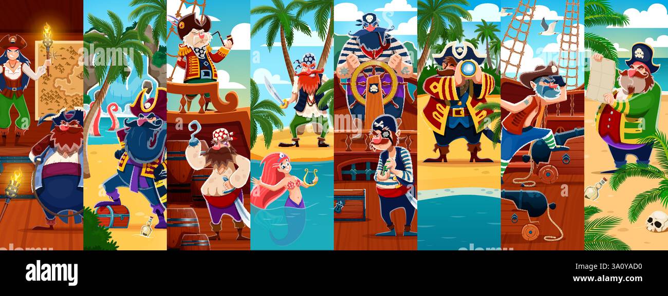 Cartoon pirate, mermaid and corsair characters collage. Cute captain ...